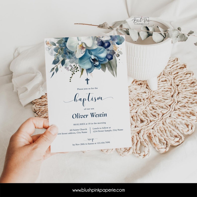 Editable White and Blue Baptism Invitation Card | Template, Delicate ...
