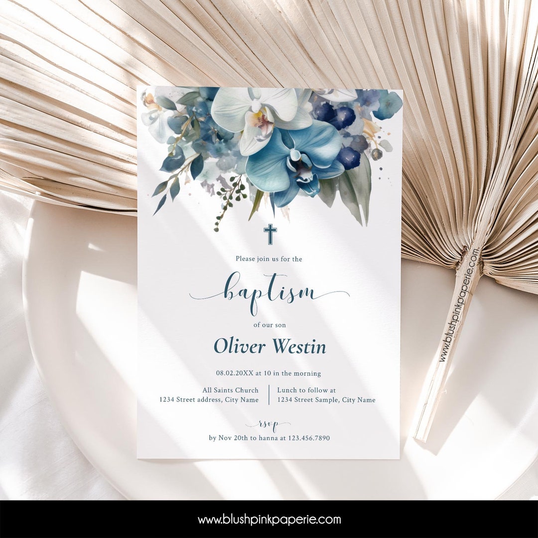 Editable White and Blue Baptism Invitation Card | Template, Delicate ...