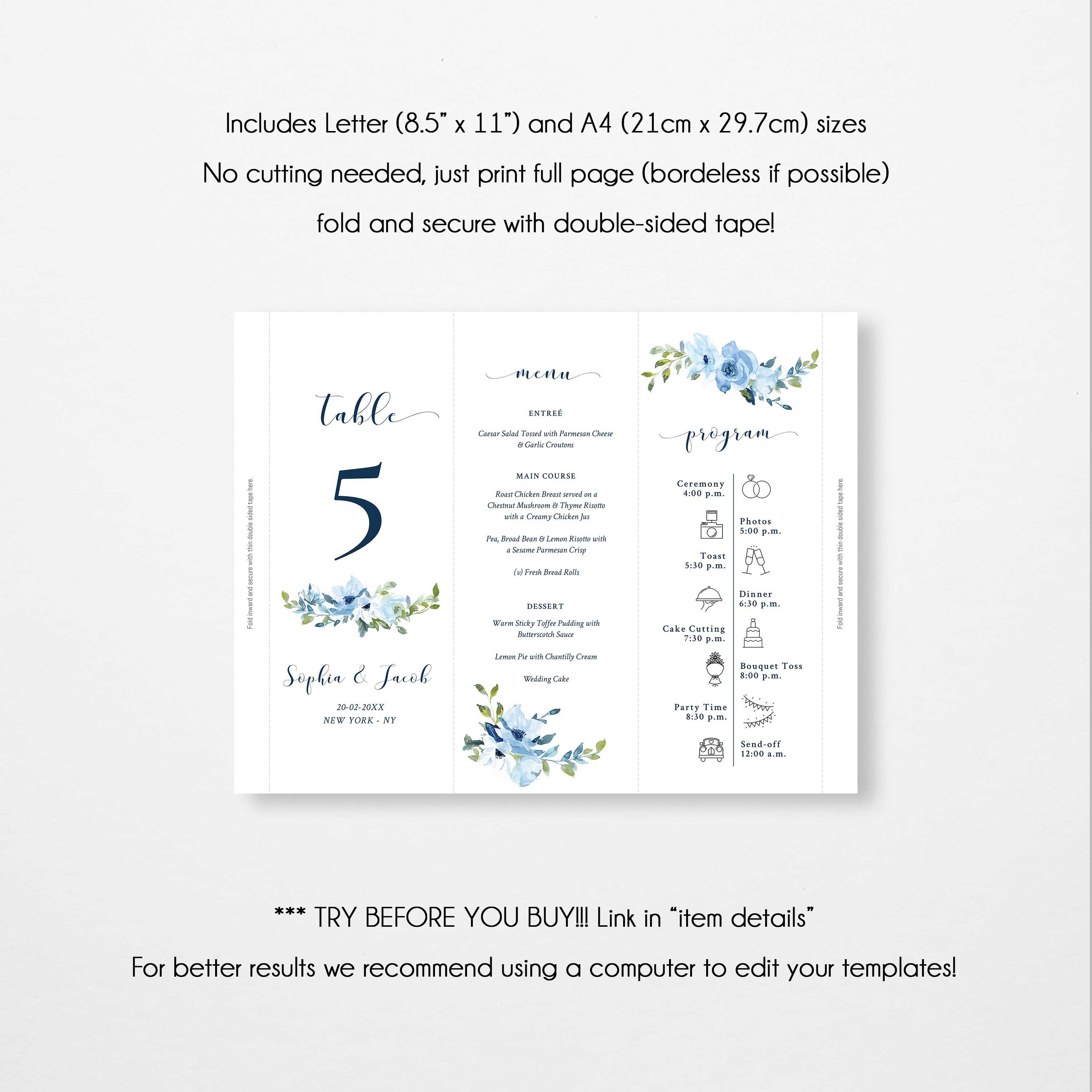 Editable Trifold Wedding Table Program Blue Flowers Program - Etsy