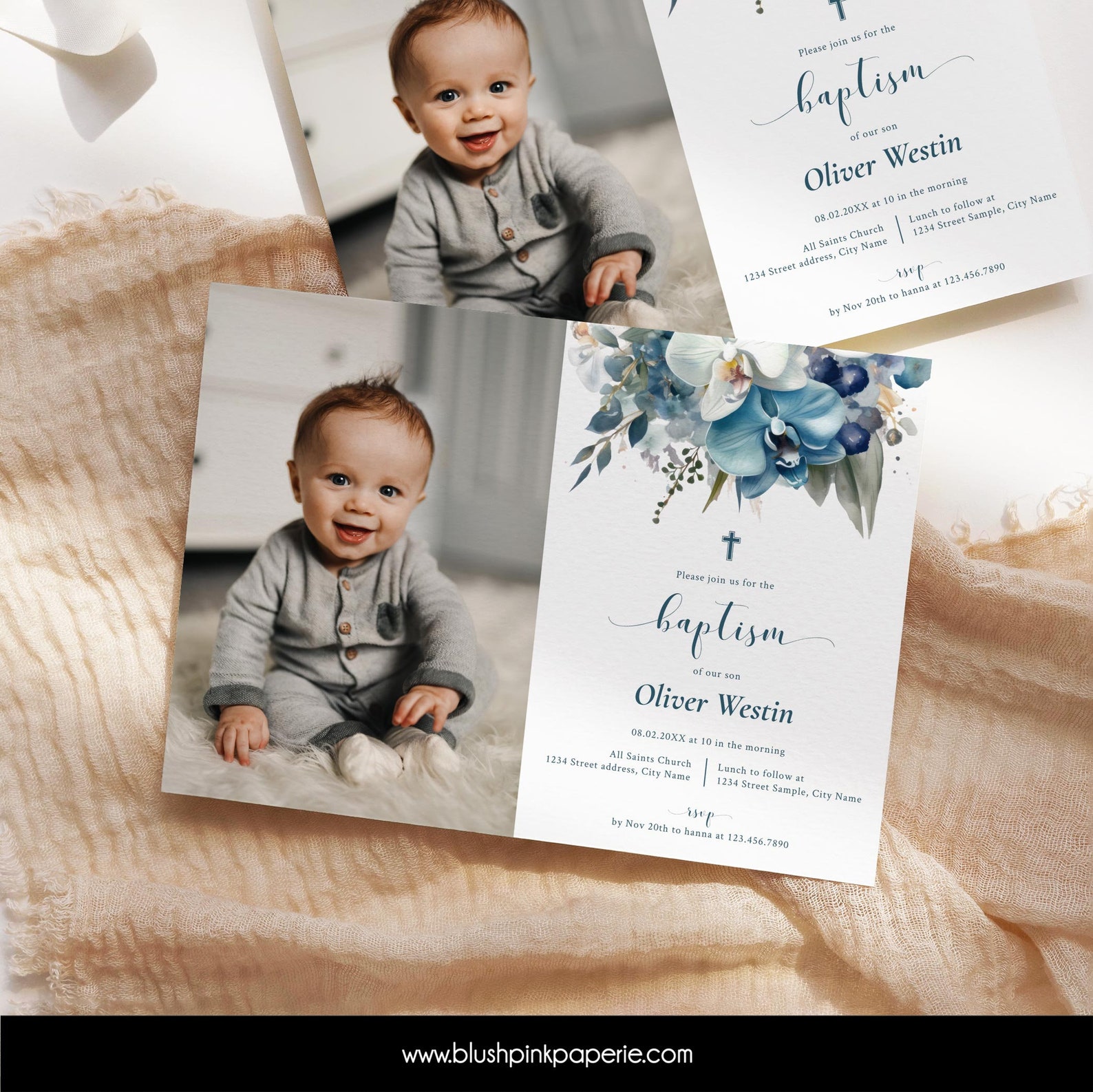 Editable White and Blue Photo Baptism Invitation Card | Template With ...