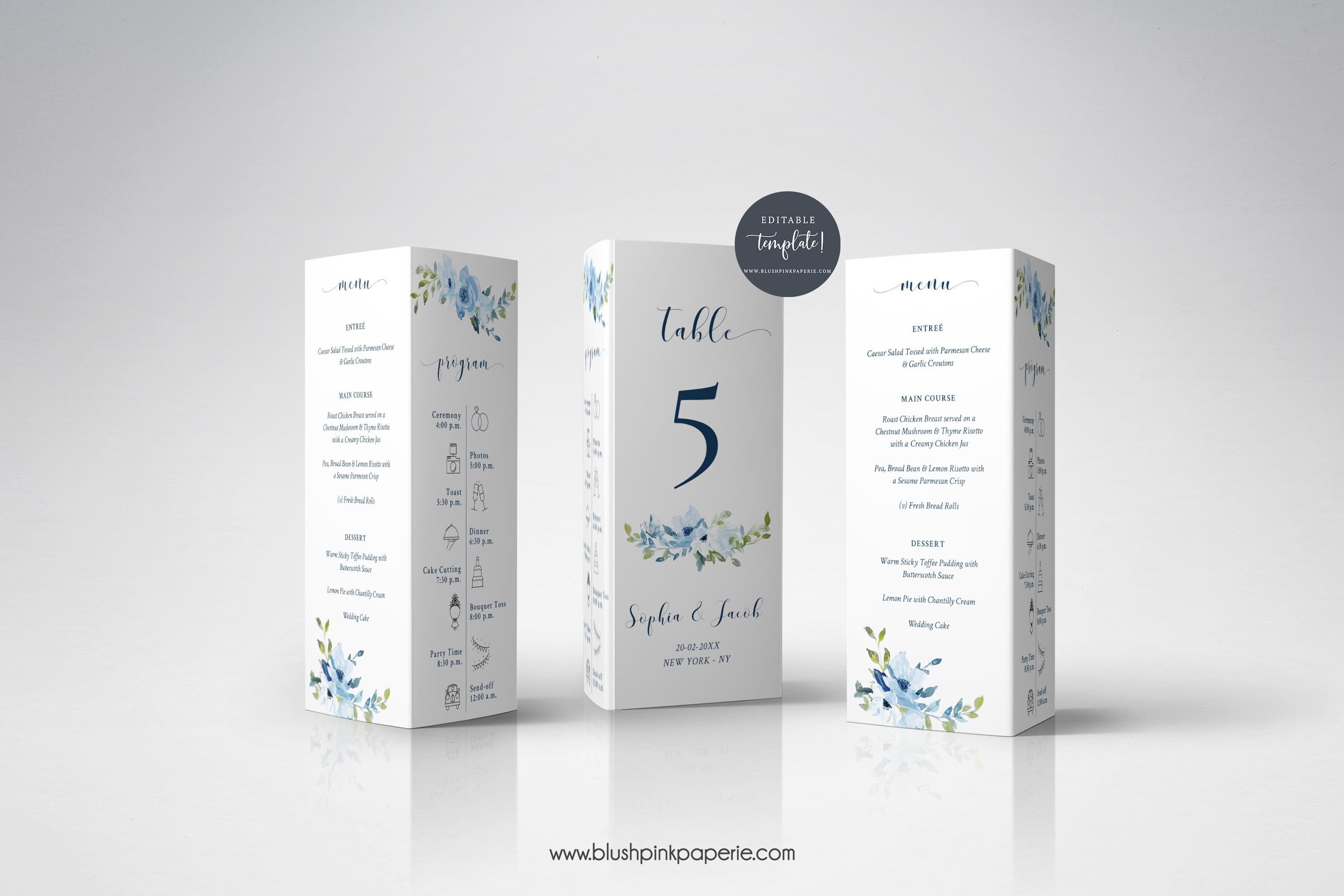 Editable Trifold Wedding Table Program, Blue Flowers Program Template ...