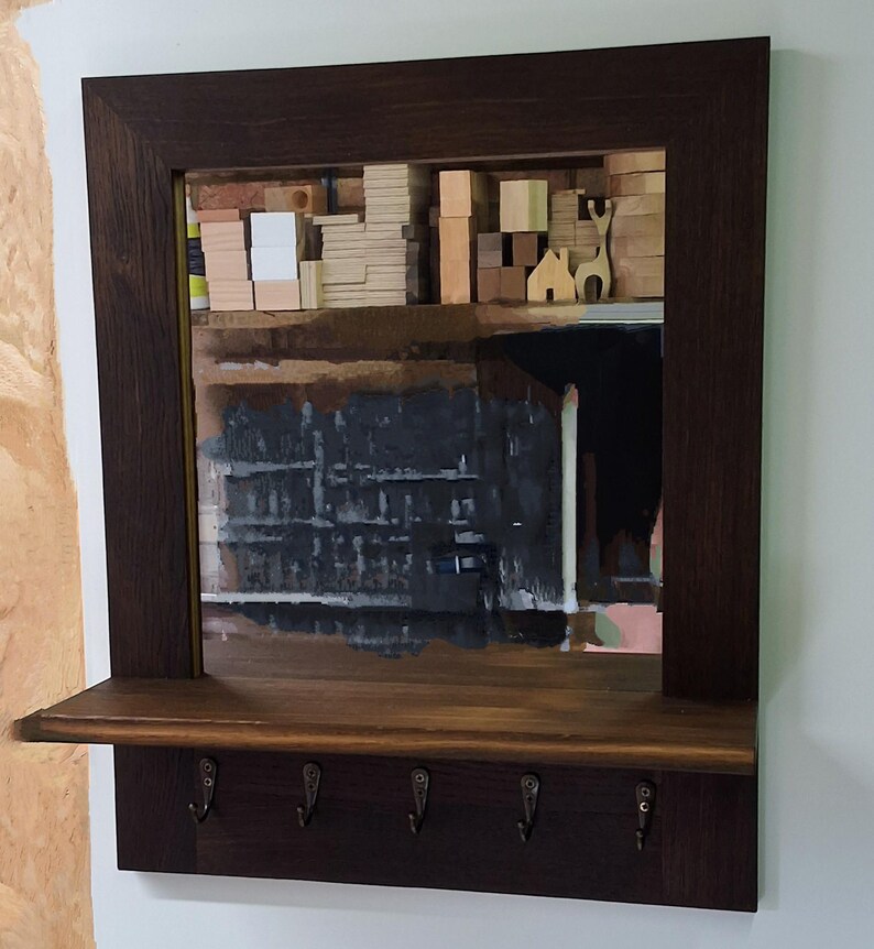 Rustic Wooden Framed Wall Mirror With Shelf and Key Hooks Handmade Wall ...