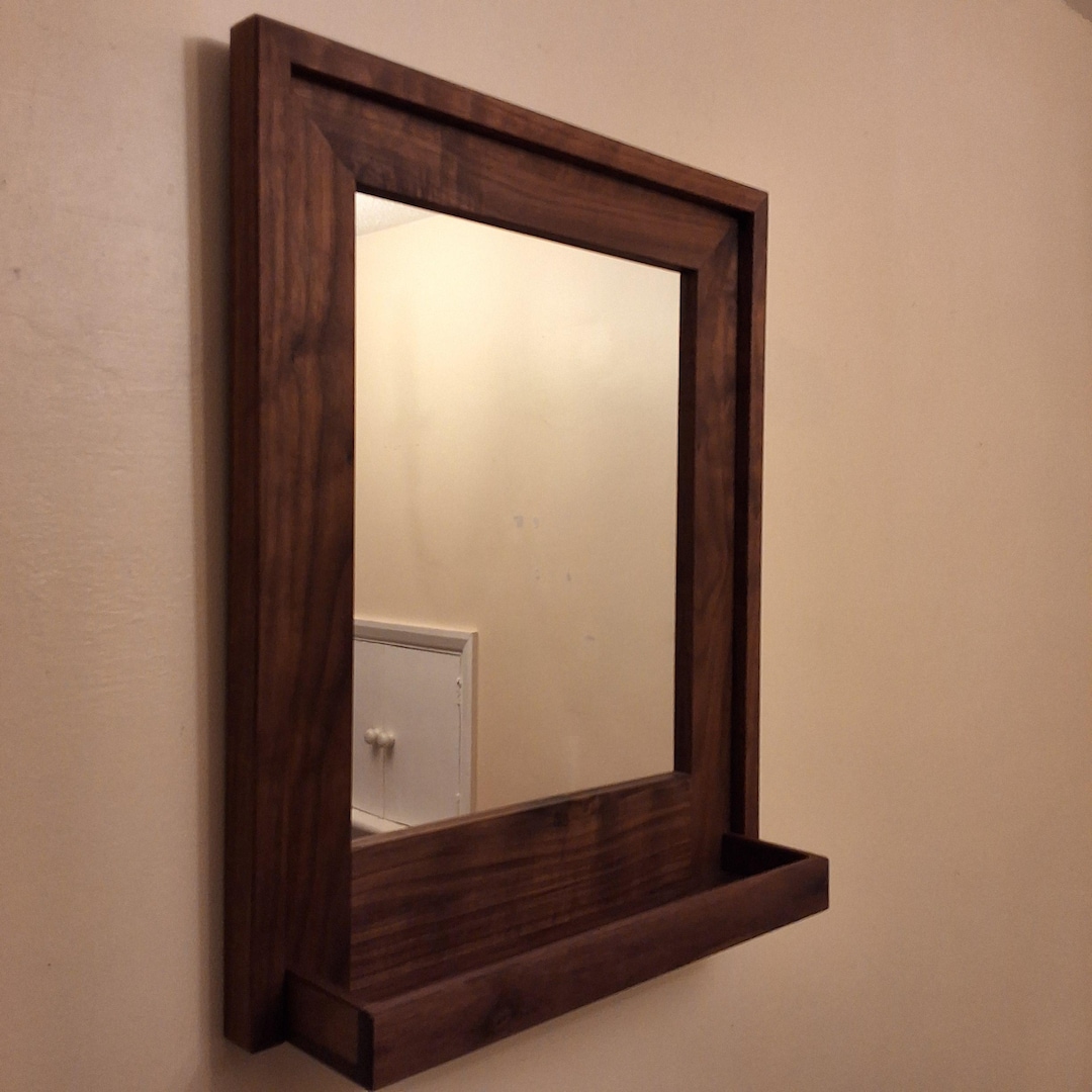 Handcrafted Walnut Wood Mirror With Shelf Minimalist Design, One-of-a ...