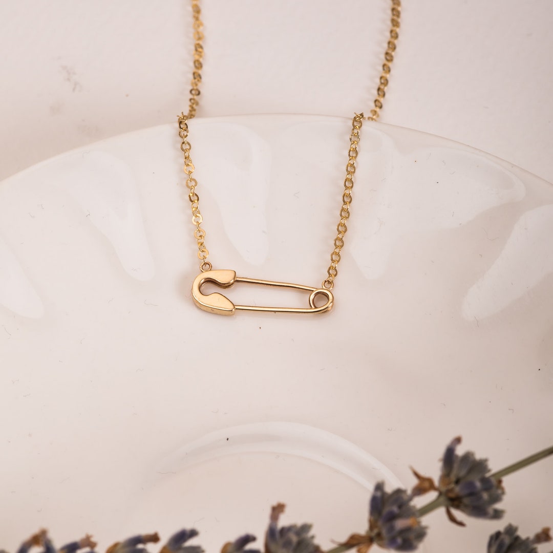 Safety Pin Necklace 14K Real Solid Gold, Modern Geometric Necklace ...