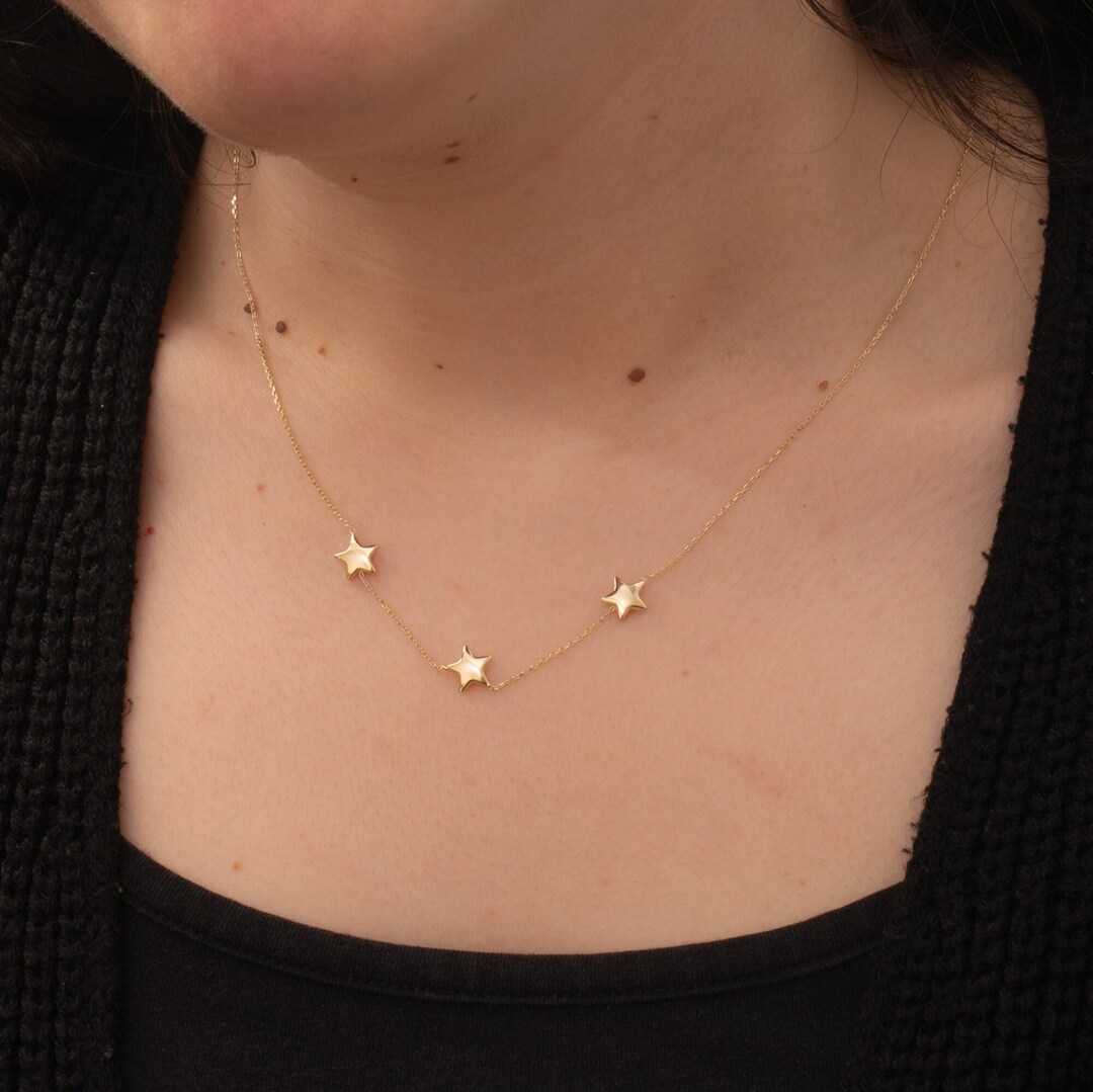 14K Real Gold Star Necklace, Delicate Star Charm Necklace, Everyday ...