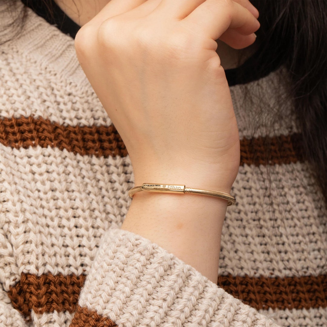 Custom Cylinder Stretch Bracelet, 14K Solid Gold Snake Chain Bracelet ...