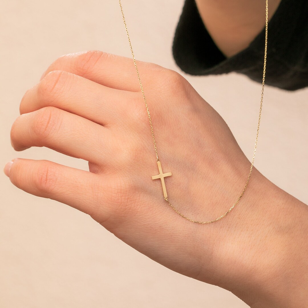 Sideways Cross Necklace 14K 18K Real Gold, off Center Cross Necklace ...