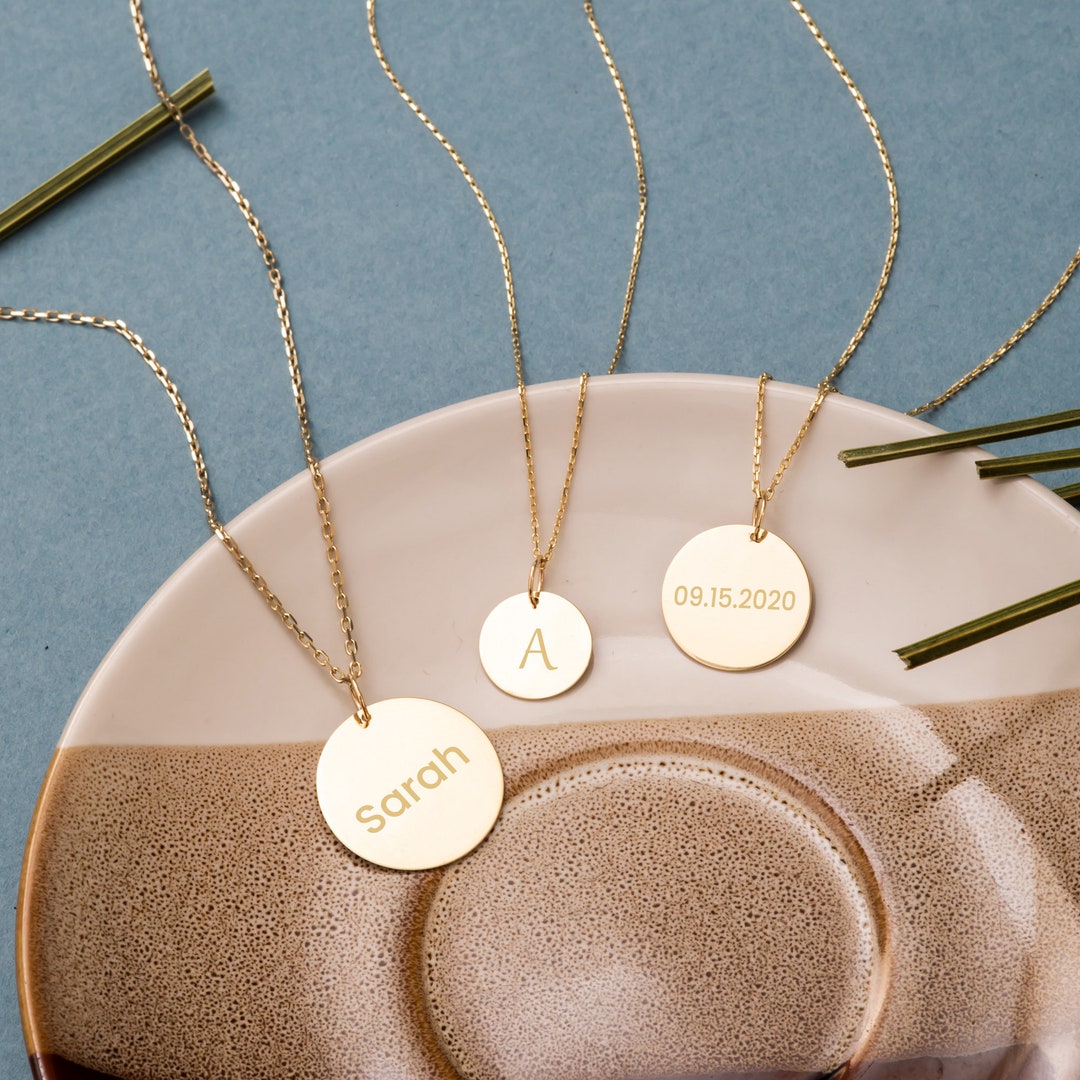 Custom Engraved Disc Necklace 14K Real Gold, 2 Side Engravable Disk ...