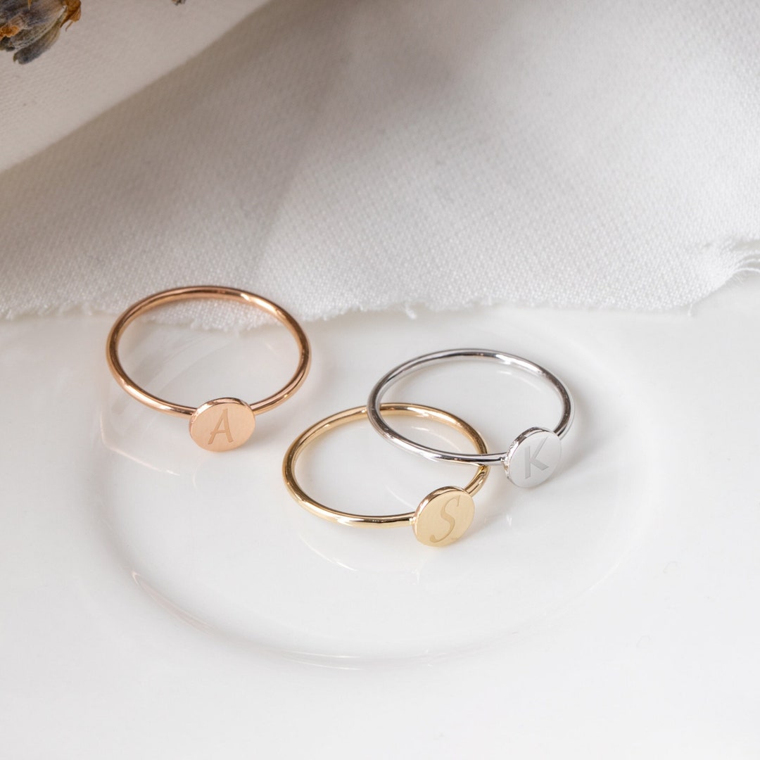 Custom Disc Ring 14K 18K Solid Gold, Personalized Stacking Round Ring ...