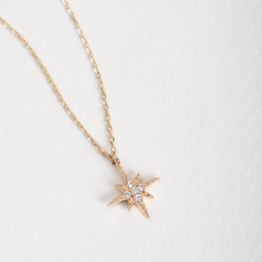 Pole Star Necklace in 14K 18K, Real Solid Gold Celestial Necklace, CZ ...