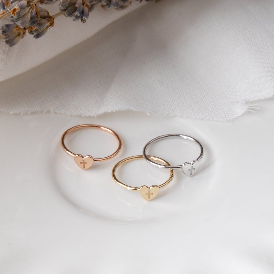 Custom Heart Ring 14K 18K Solid Gold, Personalized Heart & Cross ...