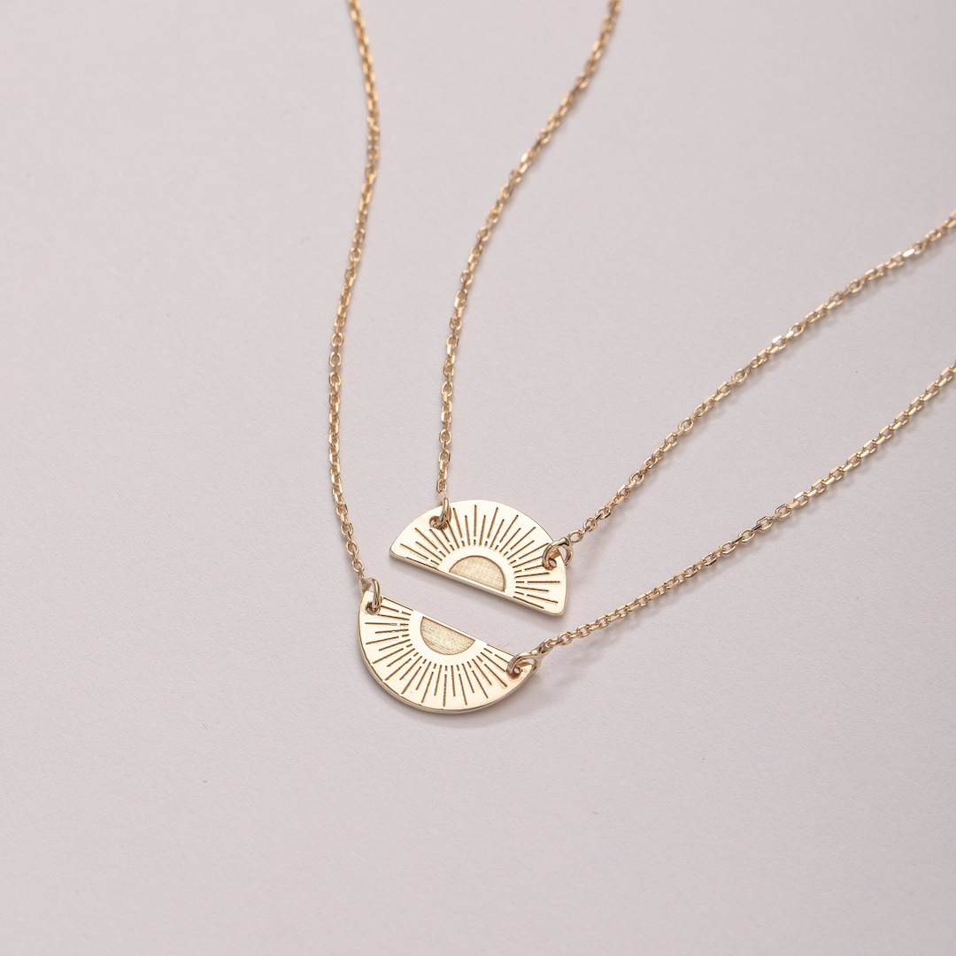 Two Halves Suns Necklace 14K 18K Solid Gold, Real Gold Half Sun ...