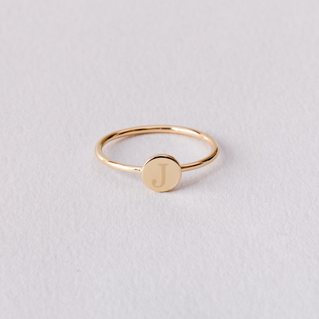 Buy 14K Solid Gold Tiny Custom Disc Ring, Personalized Initial Band ...