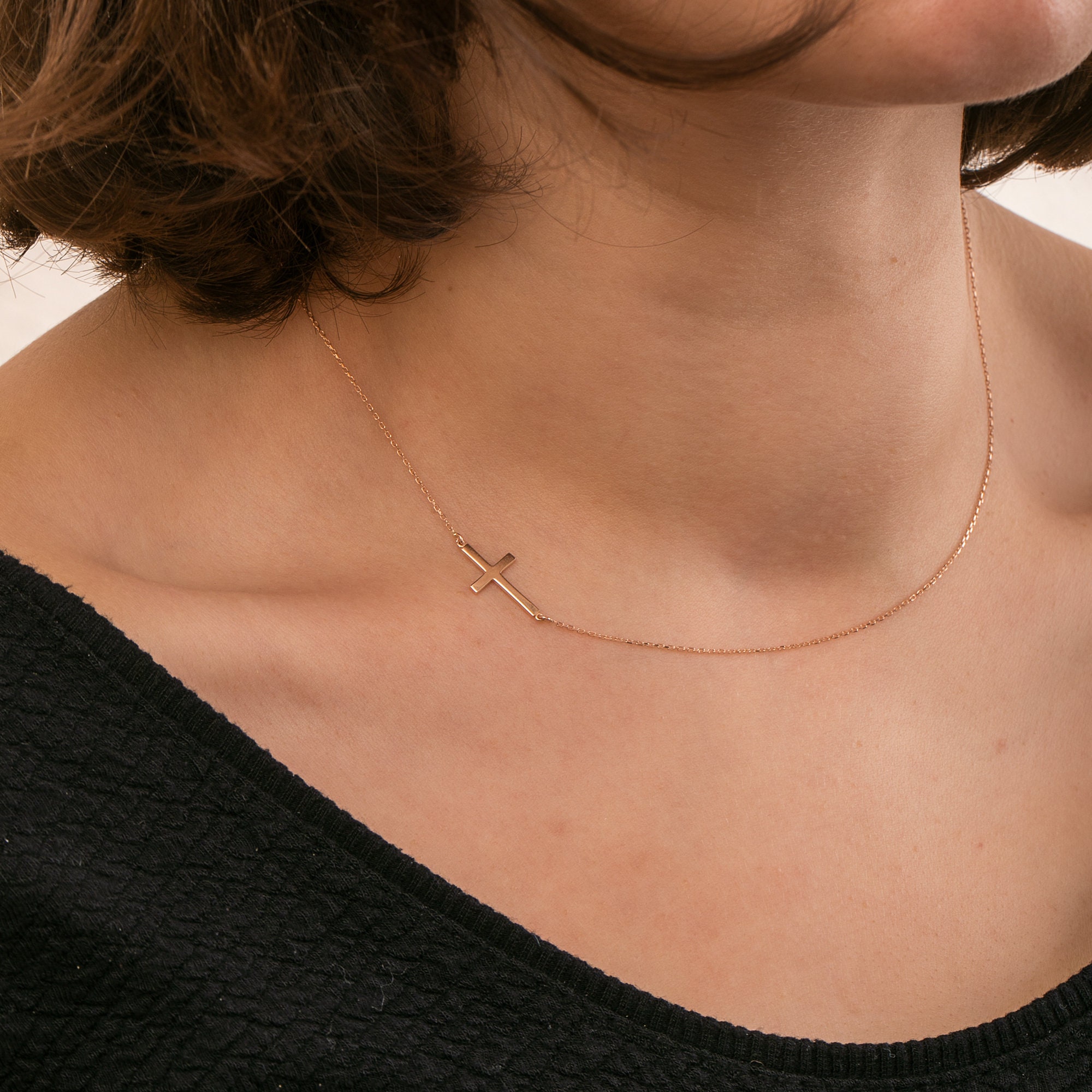 Sideways Cross Necklace 14K 18K Real Gold off Center Cross - Etsy