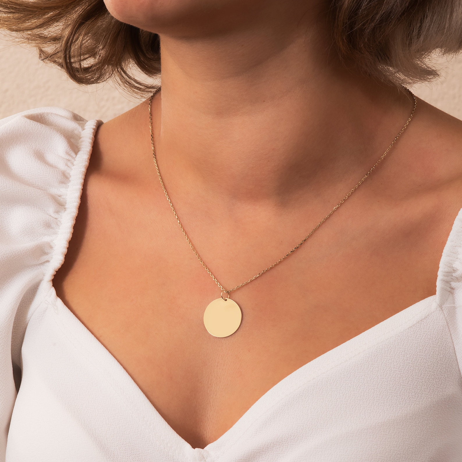 Custom Engraved Disc Necklace 14K Real Gold, 2 Side Engravable Disk ...