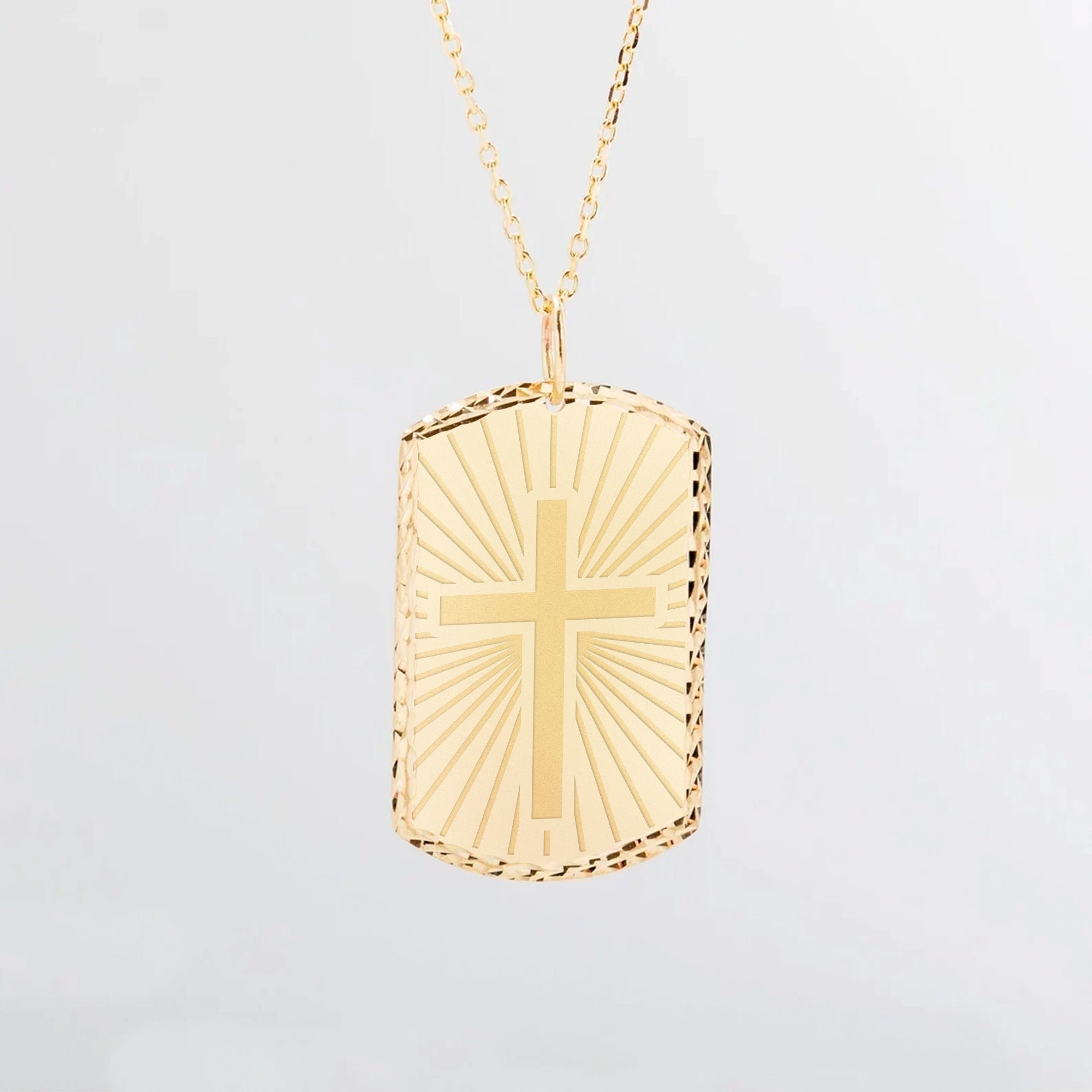 Engraved Cross in 14K 18K Real Gold Diamond Cut Tag Pendant ...
