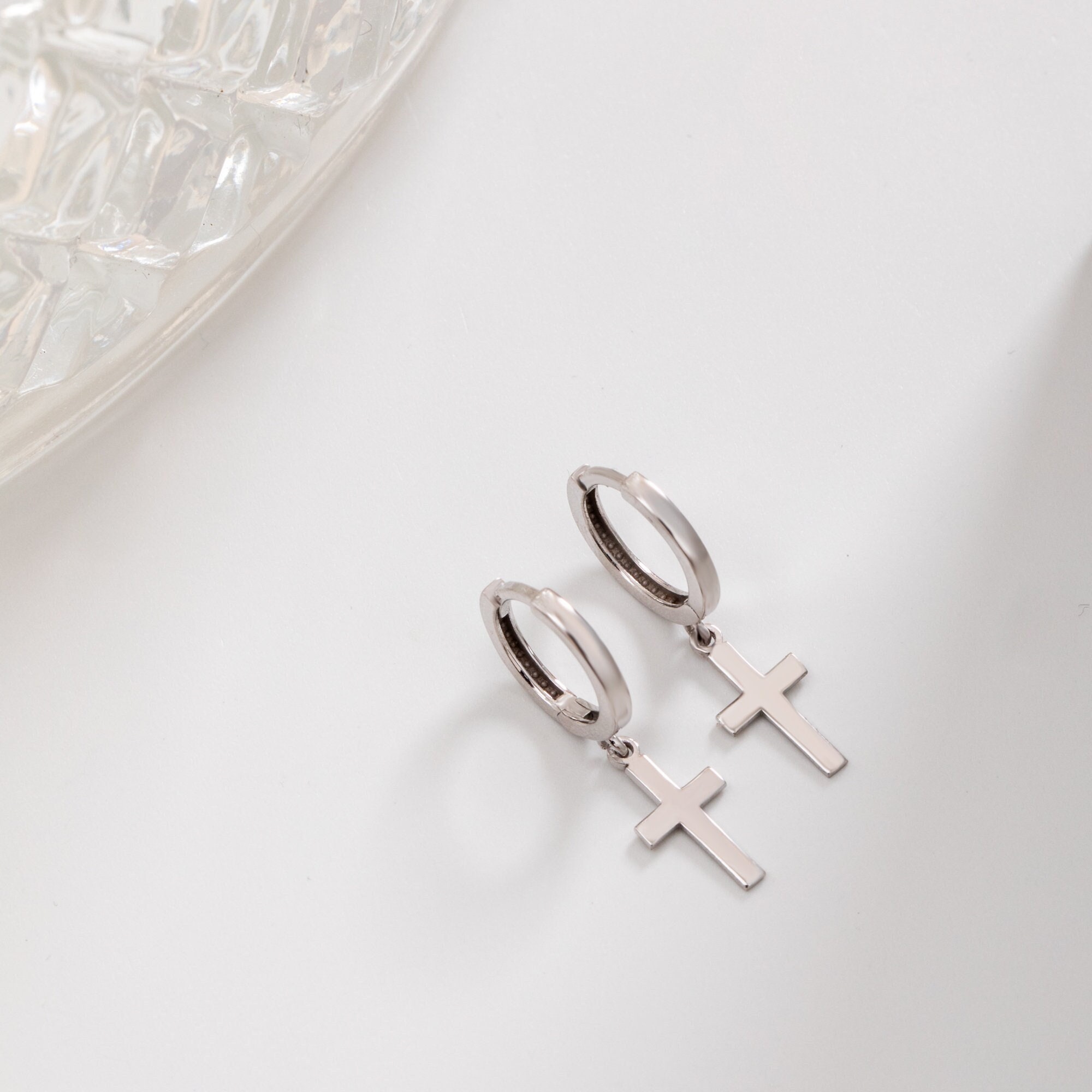 14K 18K Solid Gold Cross Earrings, Dainty Minimalist Crucifix Dangle ...