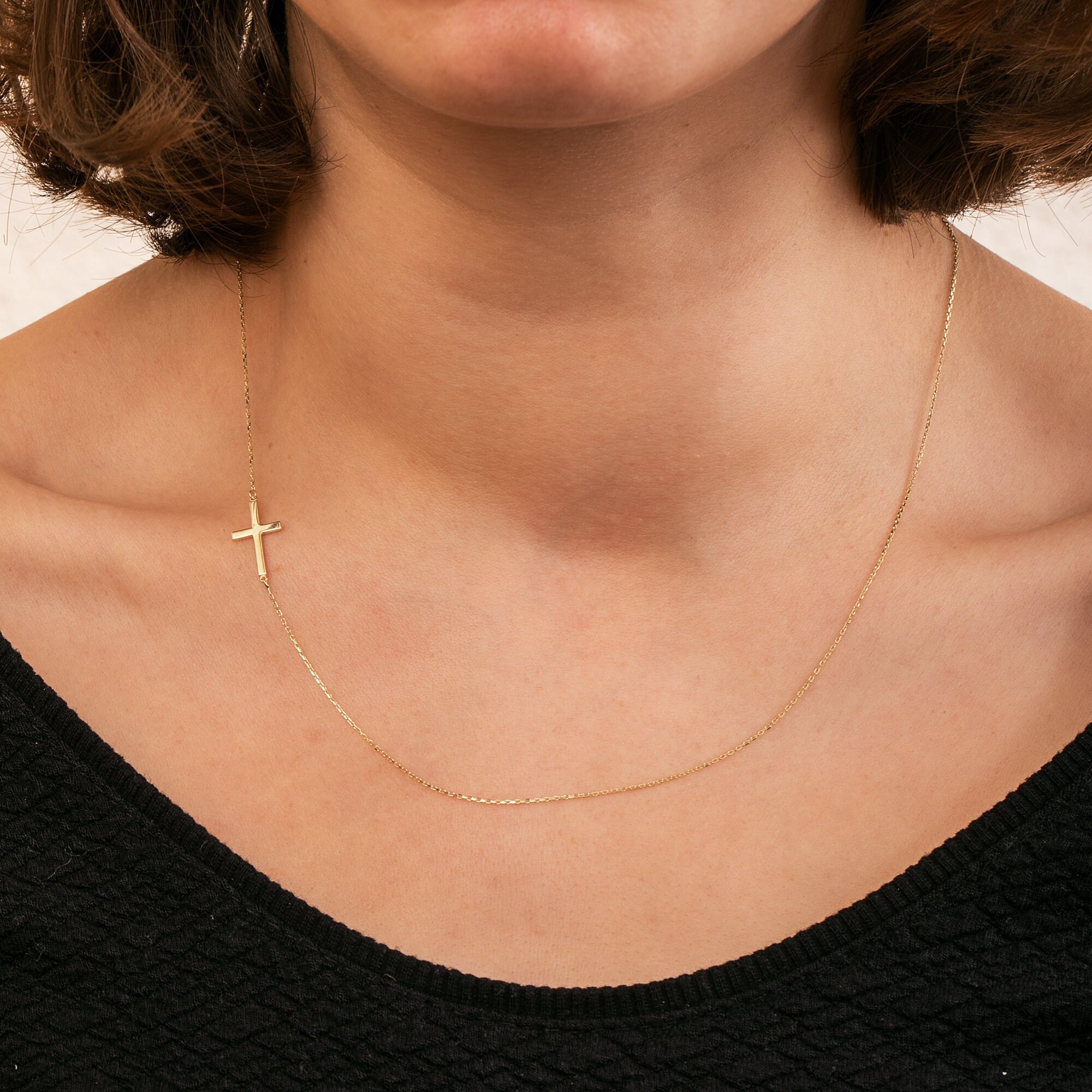 Sideways Cross Necklace 14K 18K Real Gold off Center Cross - Etsy