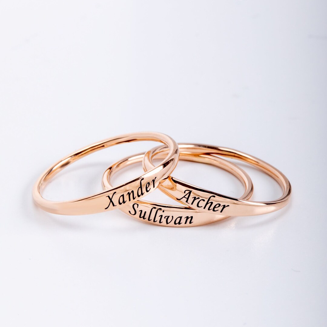 Custom Delicate Name Ring 14K 18K, Custom Engraved Stacking Rings ...