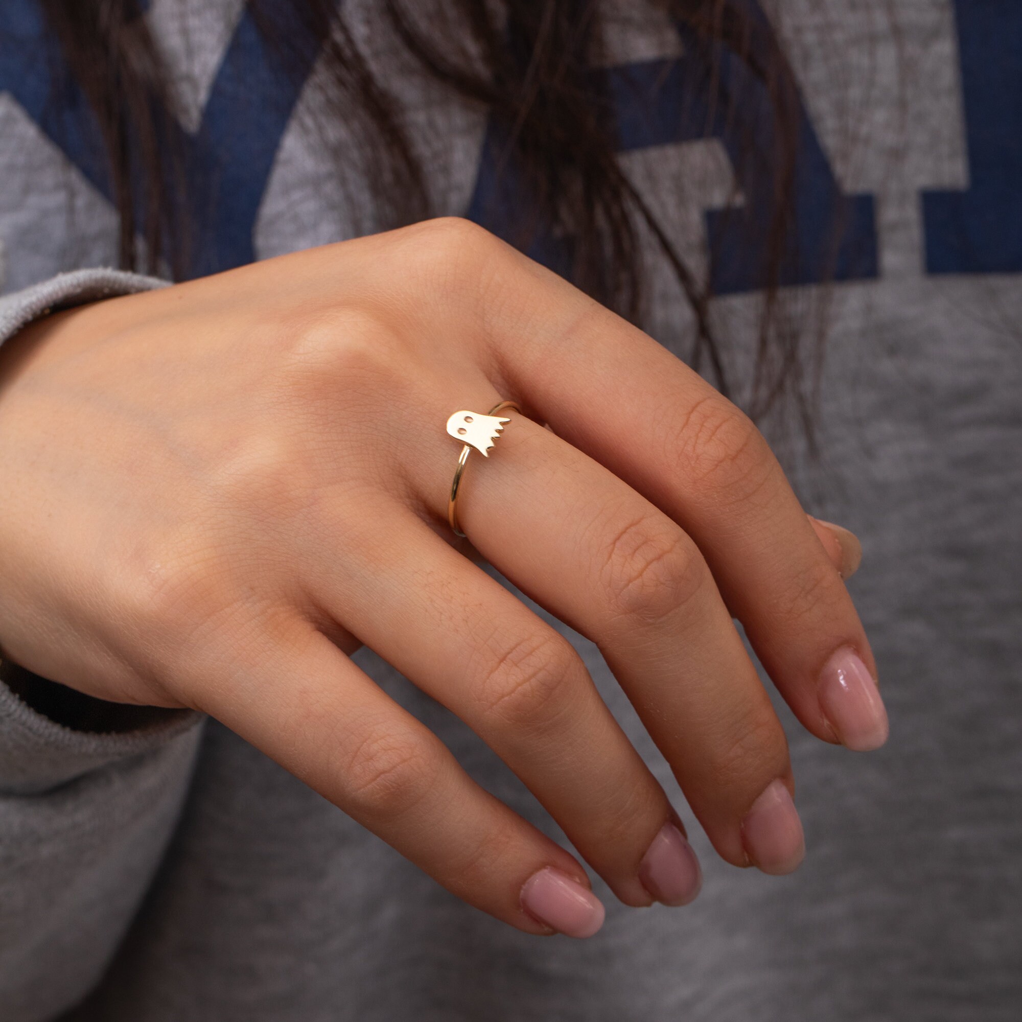 14K 18K Real Solid Gold Ghost Ring, Cute Ghost Ring for Halloween ...