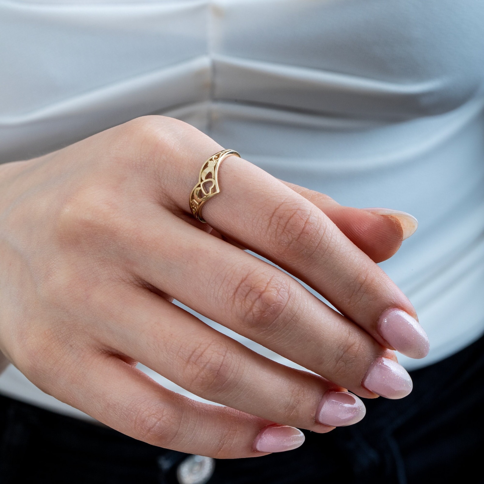 14k 18k Real Solid Gold Celtic Claddagh Ring, Chevron Filigree Heart ...