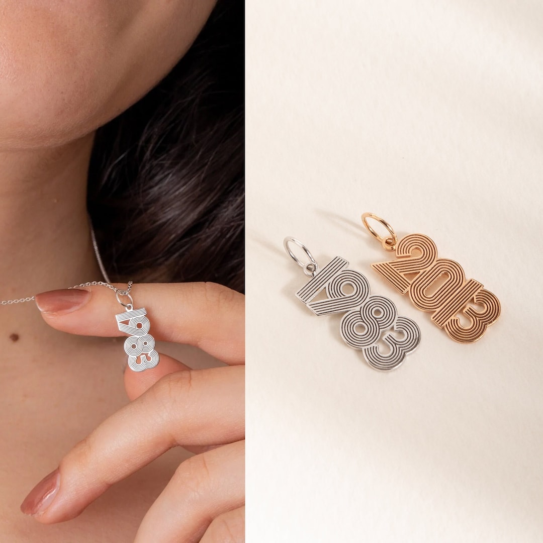 Custom Year Pendant, 14K 18K Solid Gold Personalized Birth Year Pendant ...