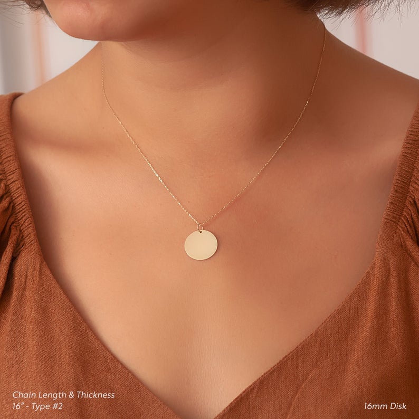 Custom Engraved Disc Necklace 14K Real Gold, 2 Side Engravable Disk ...