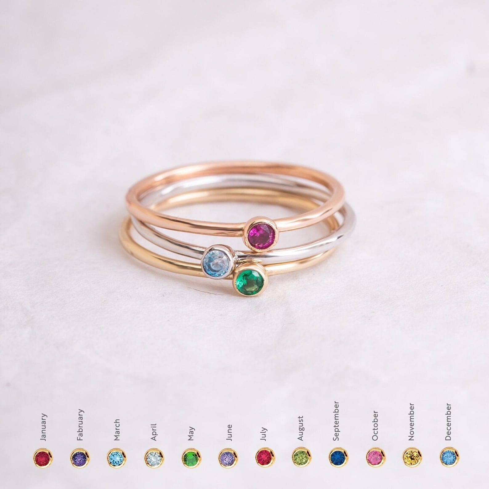 Stacking Band Ring With Birthstones 14K 18K Solid Gold, Custom Simple ...