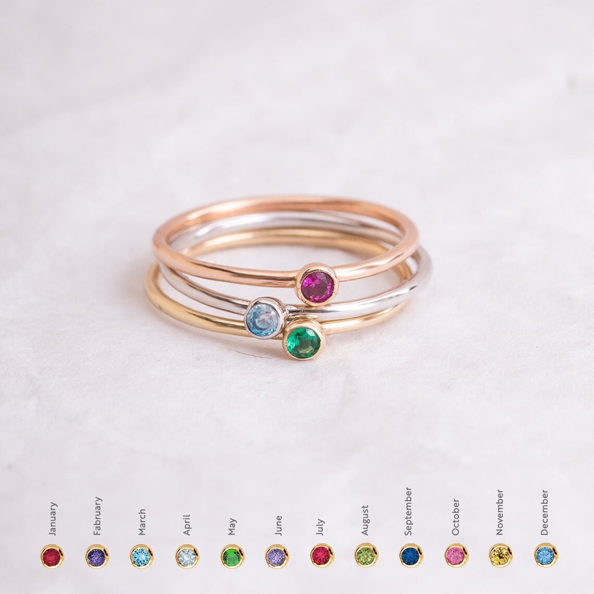 Stacking Band Ring With Birthstones 14K 18K Solid Gold Custom - Etsy