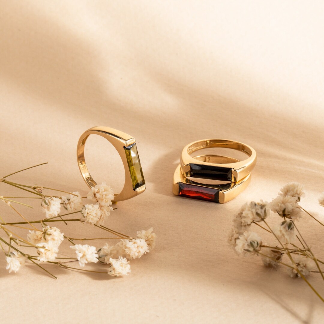 Rectangular Stone Ring 14K 18K Real Gold, Stone Line Dome Ring, Cz ...