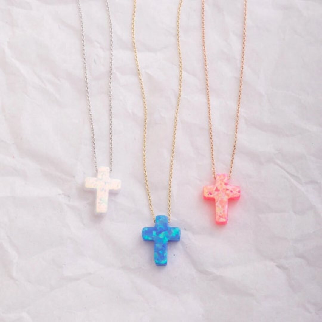 Blue Opal Cross Necklace 14K 18K Solid Gold, Dainty Colorful Opal Cross ...