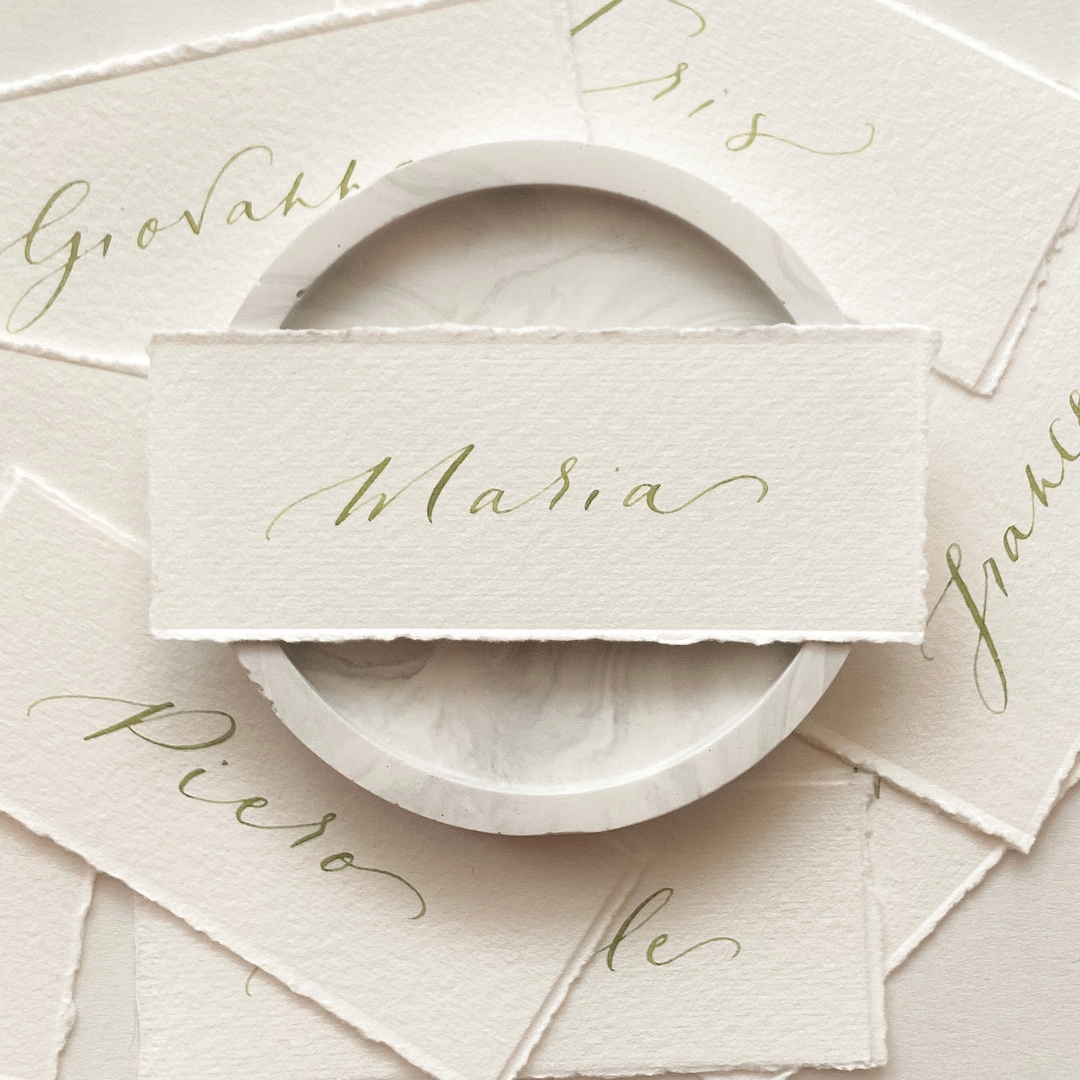 Placeholder, Place Card, Name in Olive Green Calligraphy on White ...
