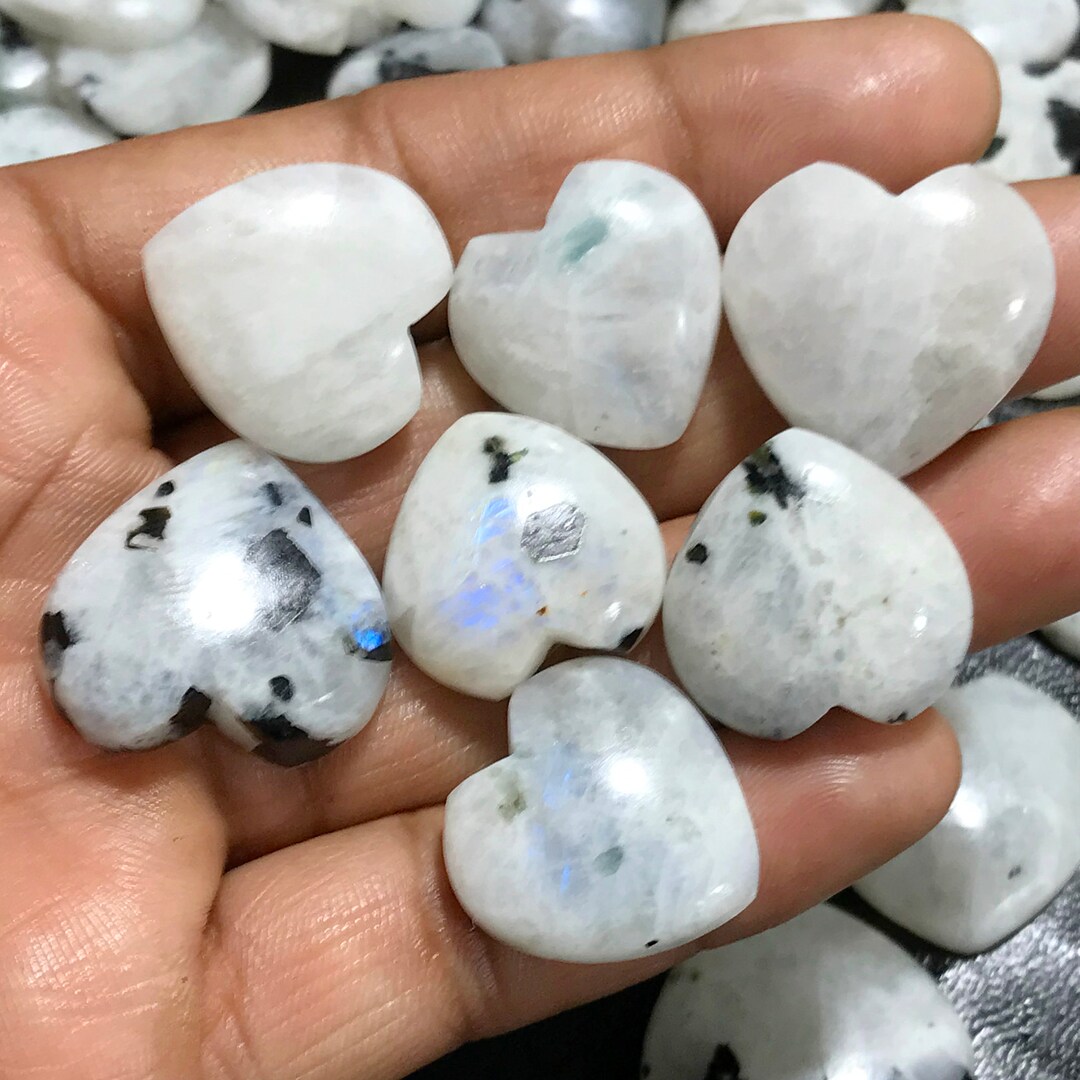 Moonstone Hearts With Black Tourmaline, Rainbow Moonstone Heart, Flat ...