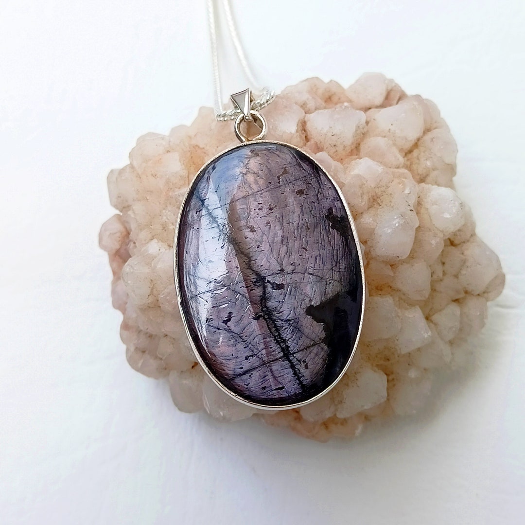 925 Sterling Silver Pendant Necklace, Natural Hypersthene Cabochons ...