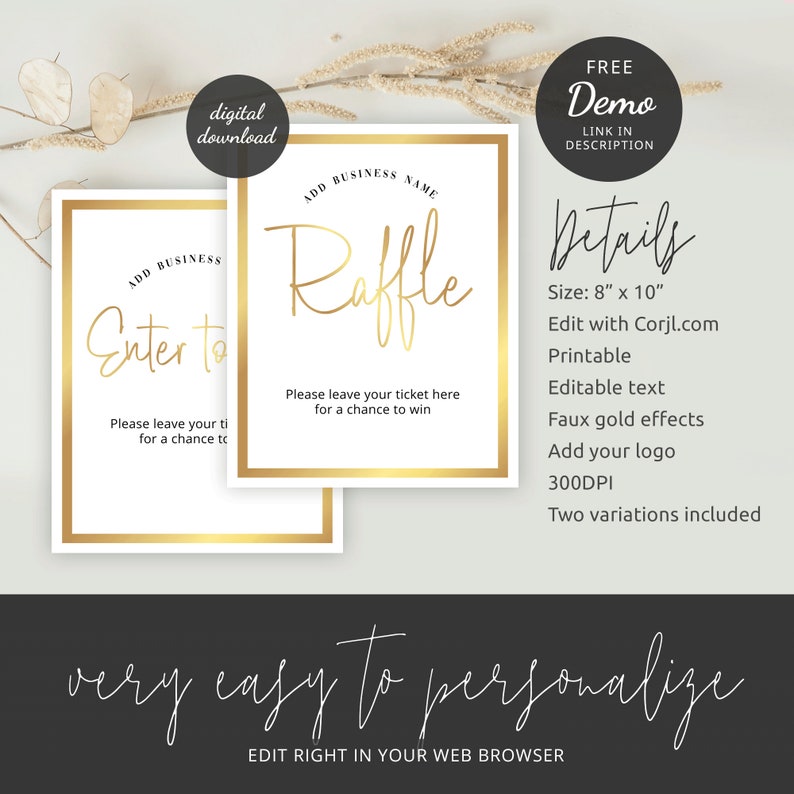 Plantilla para cartel de rifa DIY, póster con efecto dorado "Participa ...