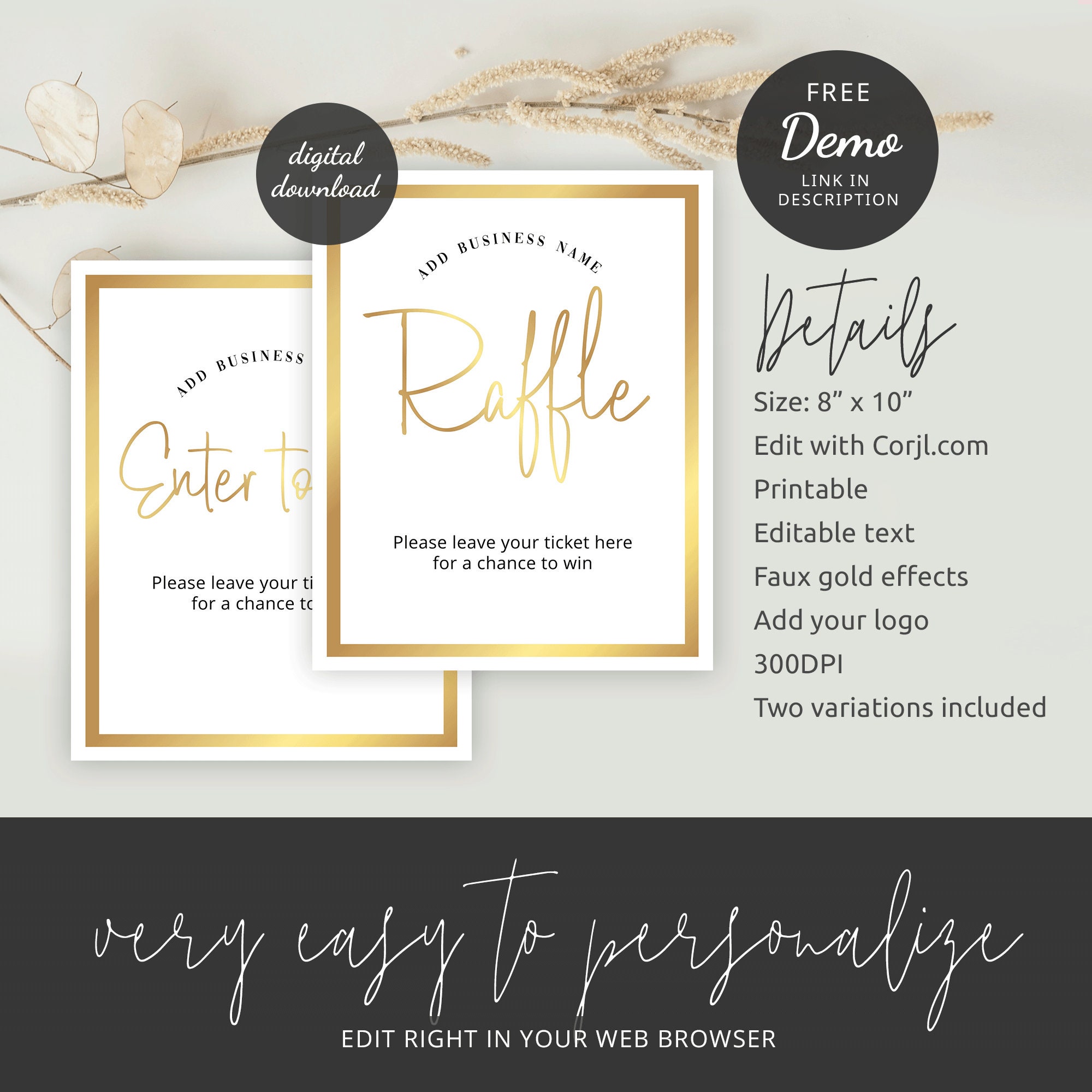 DIY Raffle Sign Template, Gold Effect Enter to Win Poster 8"x10 ...