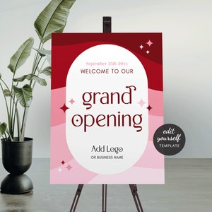 Modern Grand Opening Sign Template, Red and Pink Retro Launch Party ...