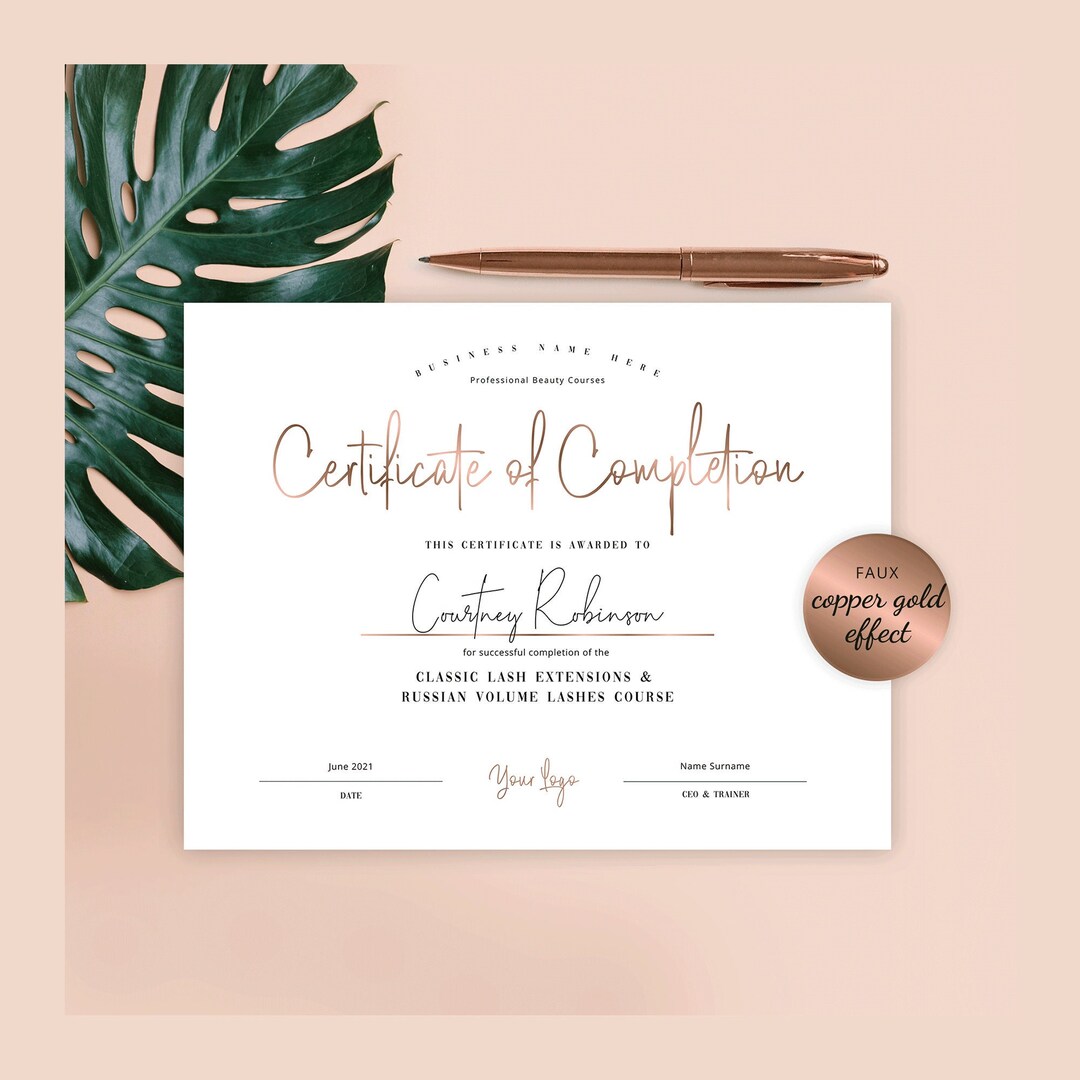 Rose Gold Certificate of Completion Template, Custom Beauty Course ...