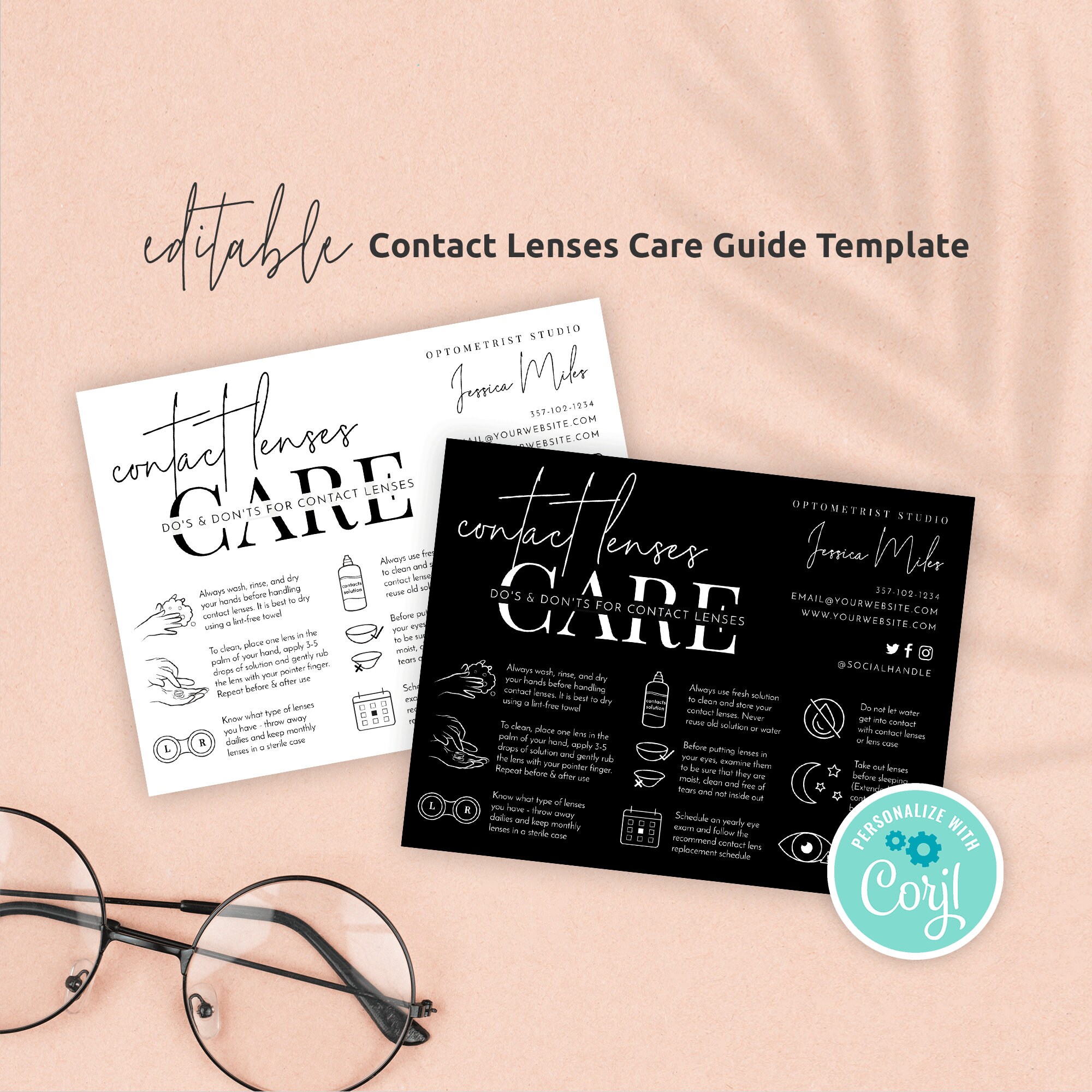 Contact Lenses Care Card Template, Editable Contacts Care Guide ...