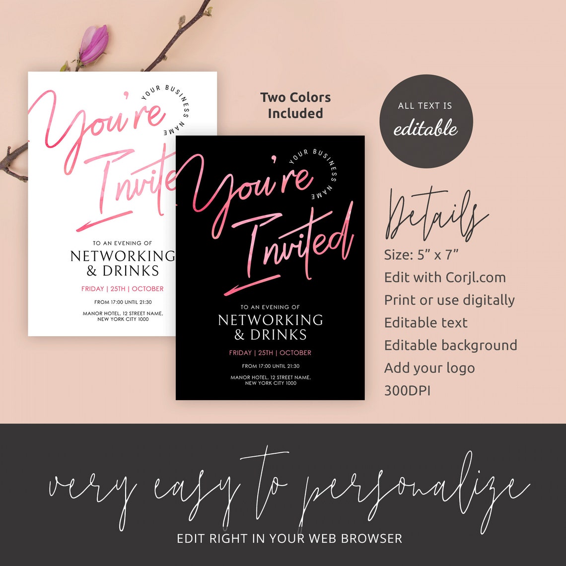 Business Networking Invitation Template, Feminine Pink and Black ...