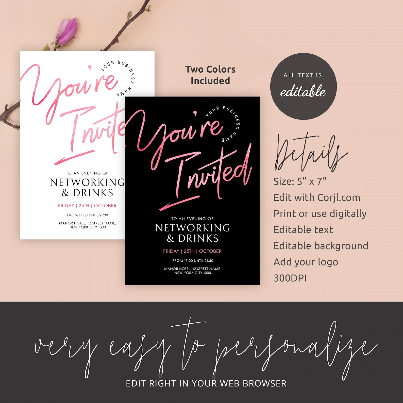 Business Networking Invitation Template, Feminine Pink and Black ...