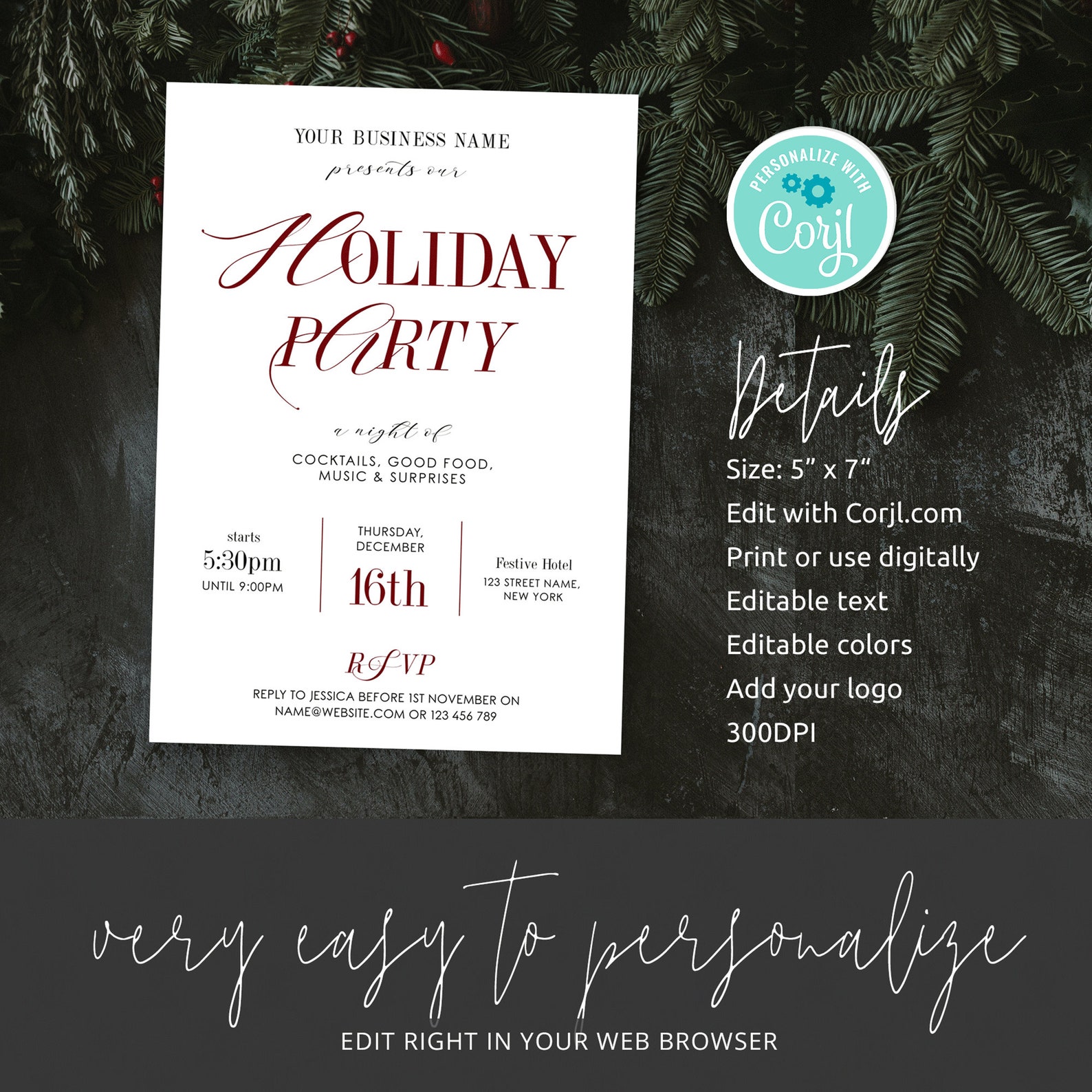 Business Christmas Party Invitation Template, Red & White Holiday ...