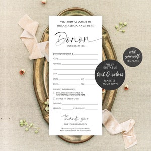 Donation Card Template, Editable Fundraiser Donor Form, Minimal Black ...