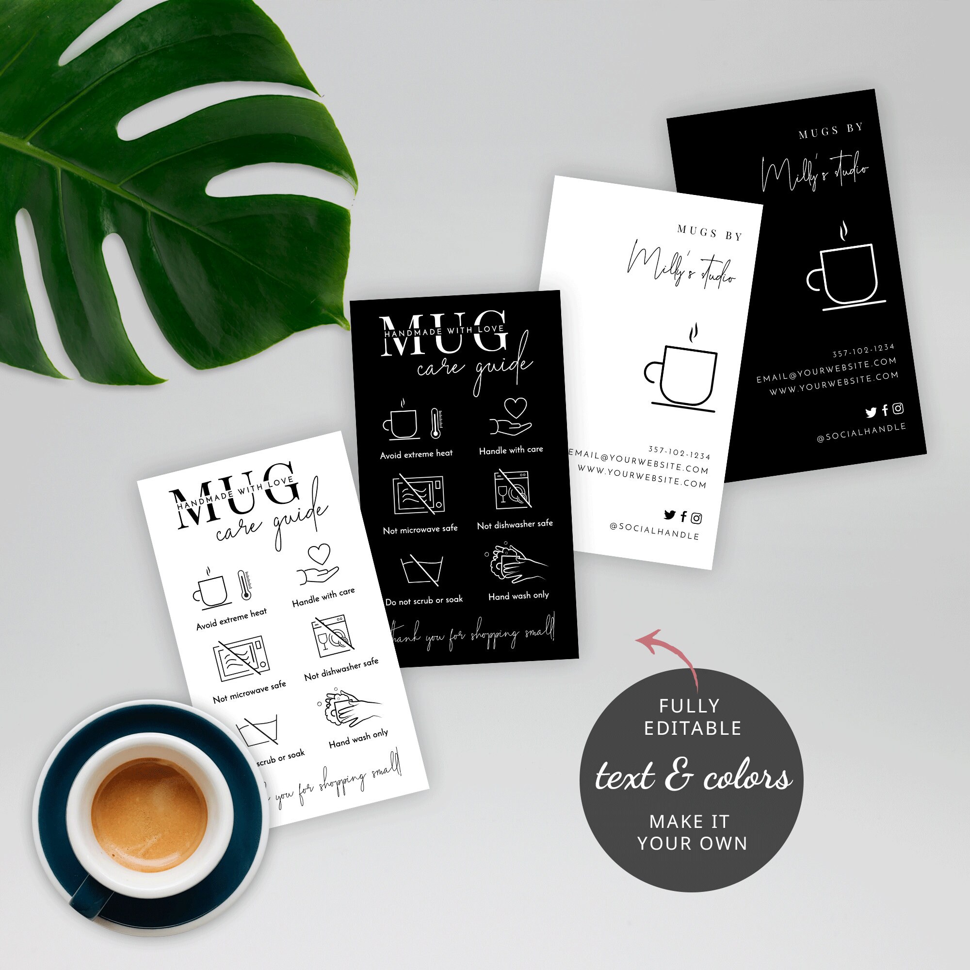 Mug Care Card Template, MINI Coffee Cup Care Guide, Editable Mugs Care ...