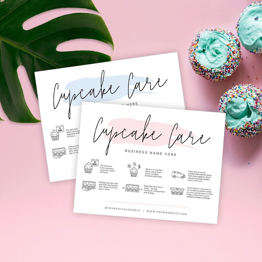Editable Cupcake Care Card, Printable Cupcakes Care Guide Template ...