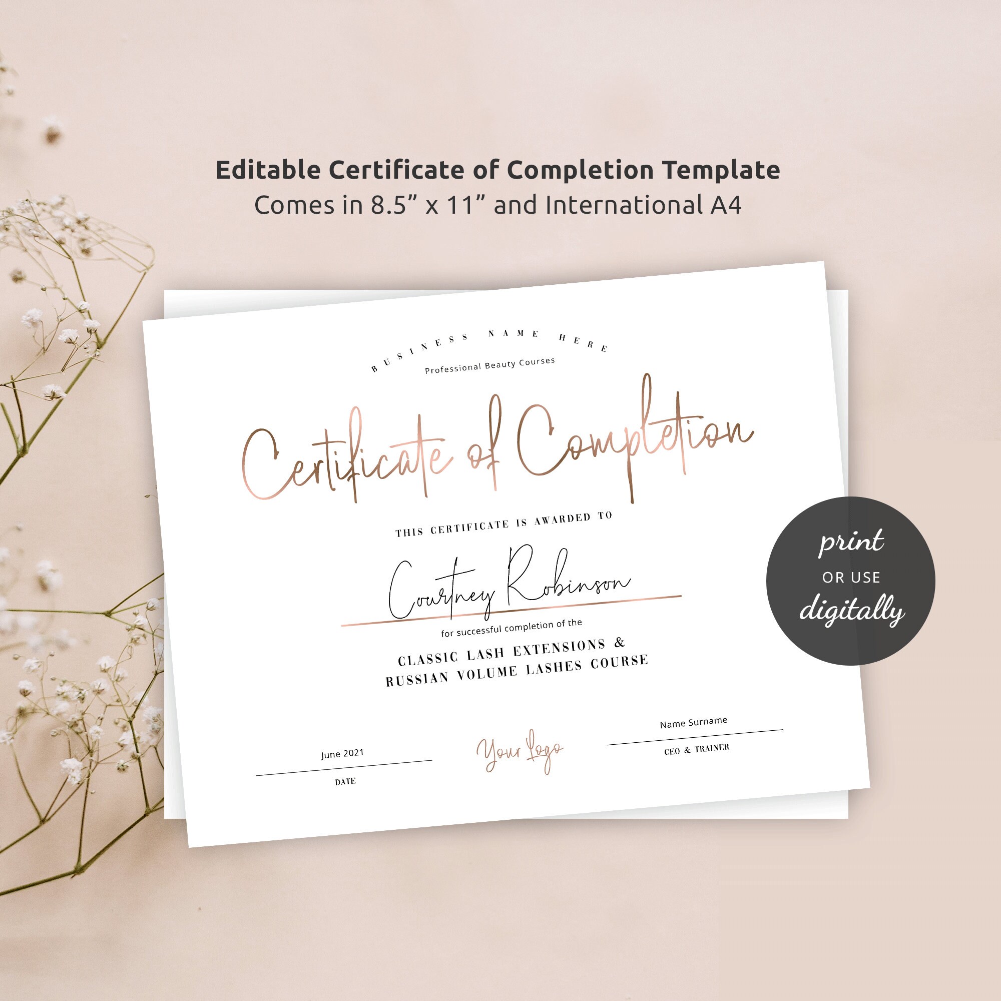 Rose Gold Certificate of Completion Template Custom Beauty | Etsy