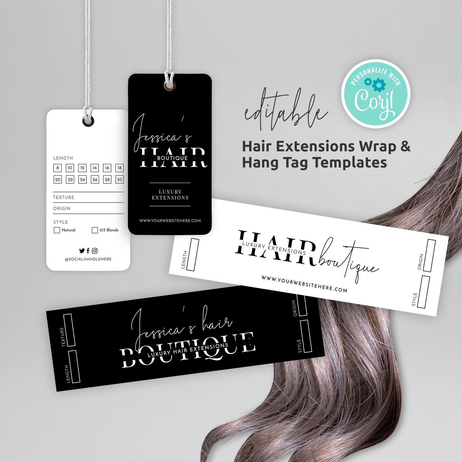 Hair Extensions Bundle Wrap Minimalist, Editable Hair Boutique Hang Tag ...