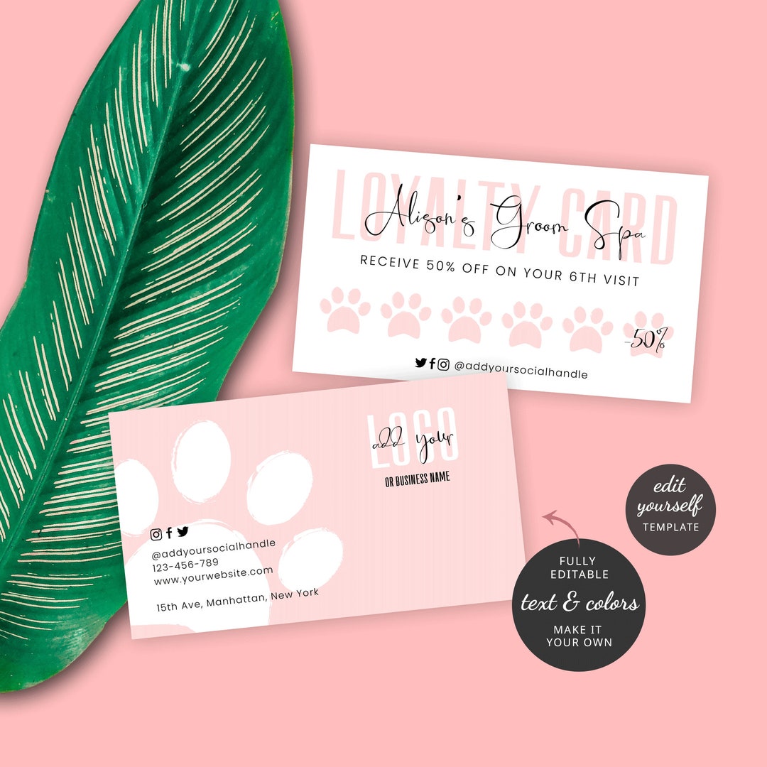 Pet Salon Loyalty Card Template, Dog Groomer Rewards Cards Blush Pink ...