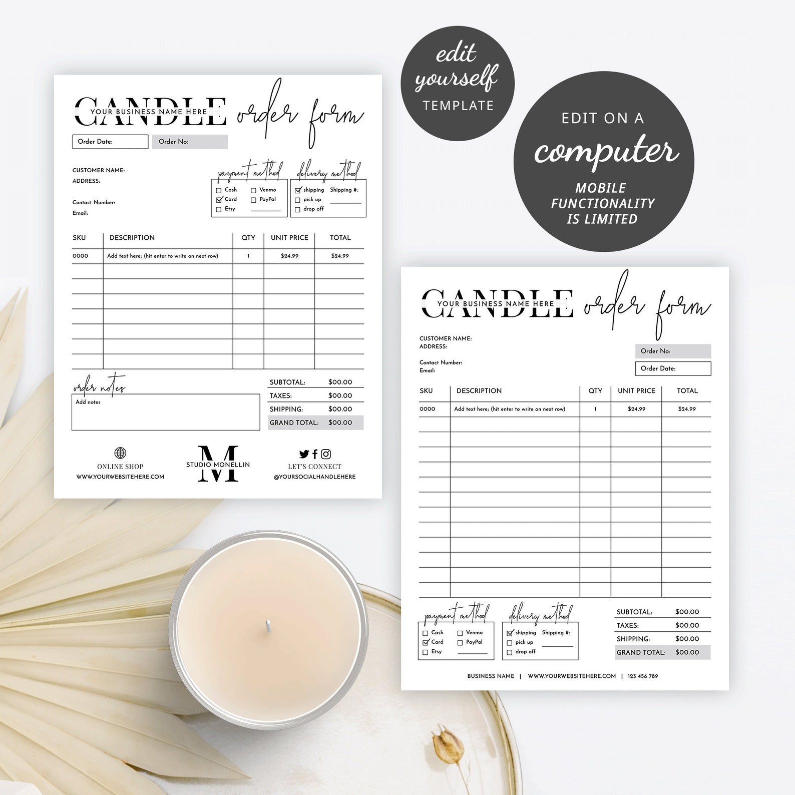 Candle Order Form Template, Editable Product Quotation Form, Printable ...