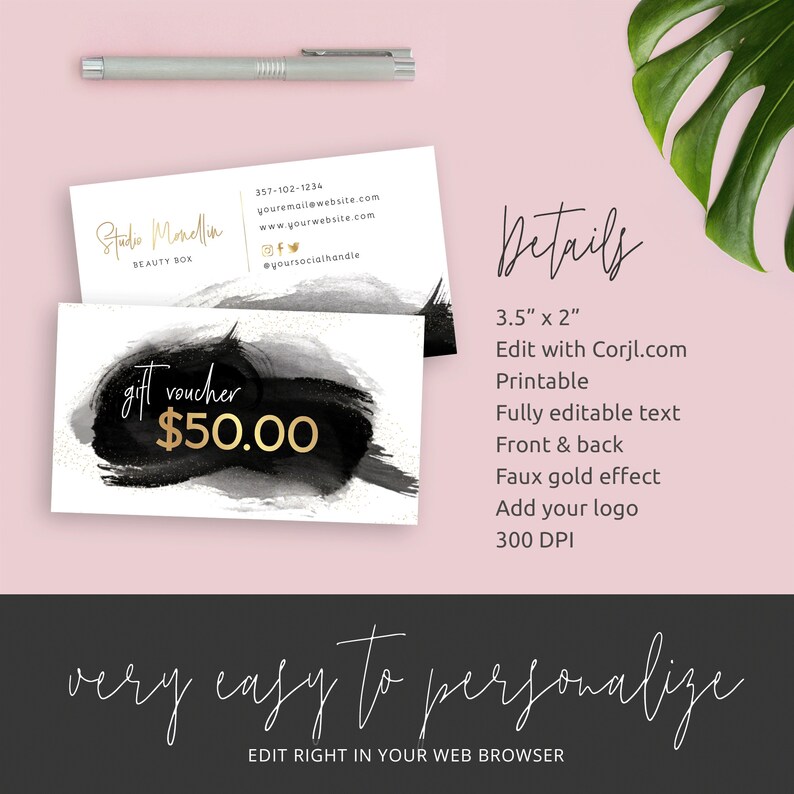 MINI Gift Voucher Template, Instant Small Business Gift Cards, Black ...